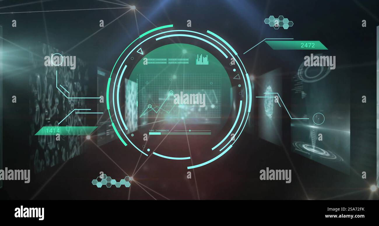 Image of circular scanner over dna strand and medical data on interface ...