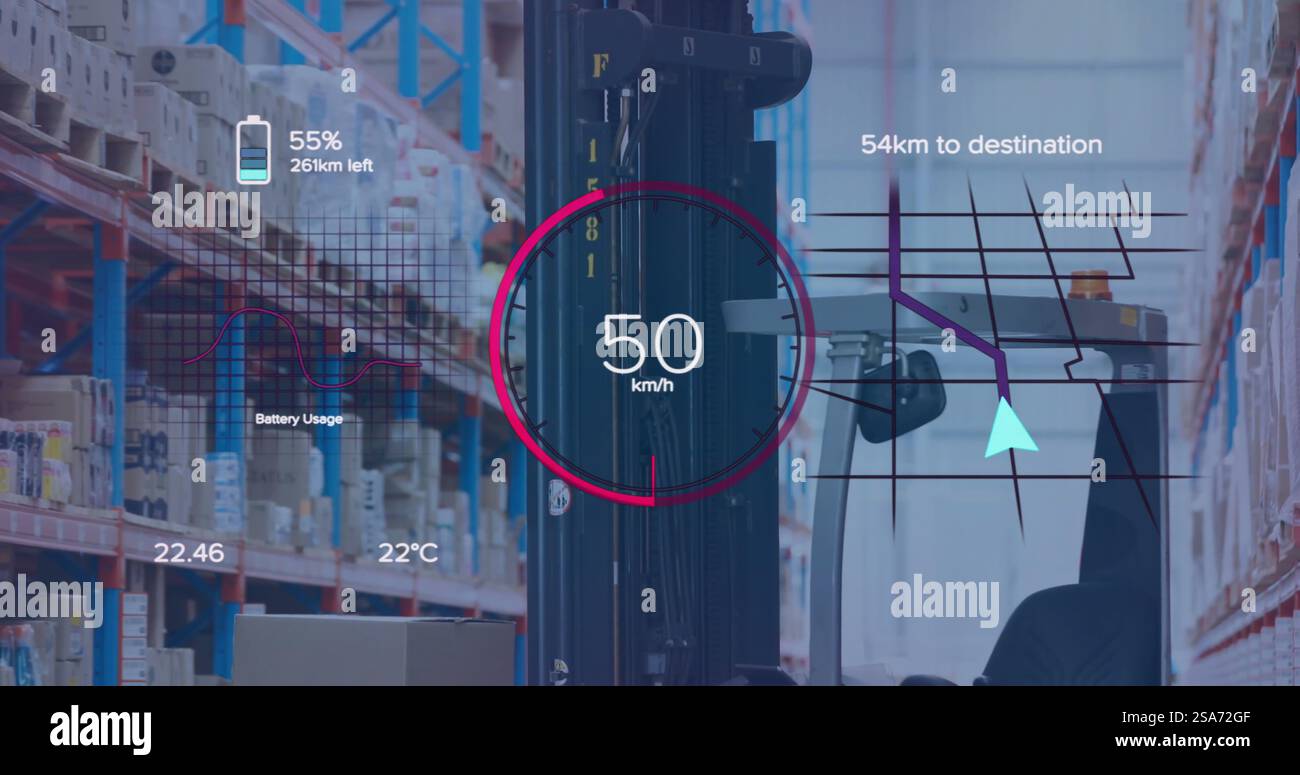 Image of eco icons and speedometer data processing over warehouse Stock ...