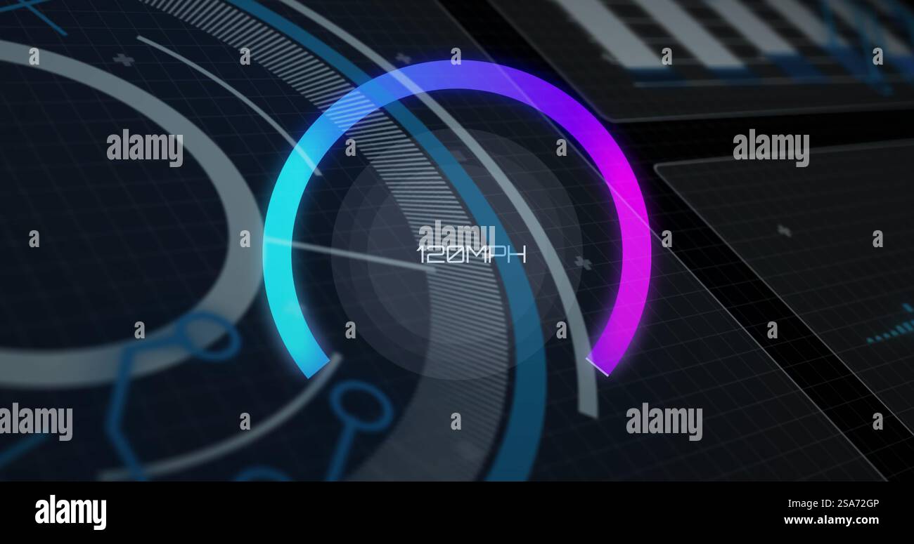 Image of speedometer over data processing on black background Stock Photo - Alamy