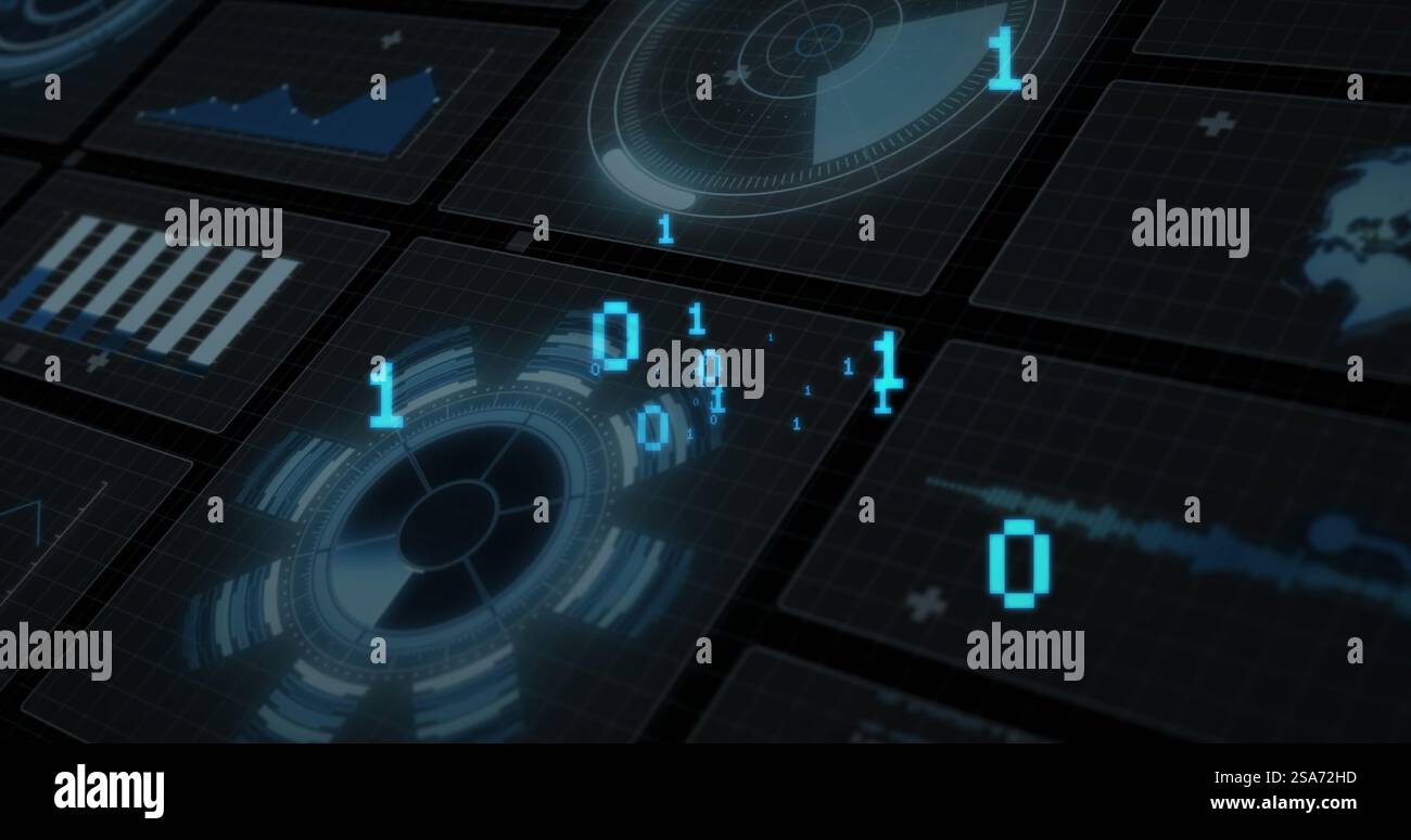 Image of digital data processing and binary coding over black background Stock Photo - Alamy
