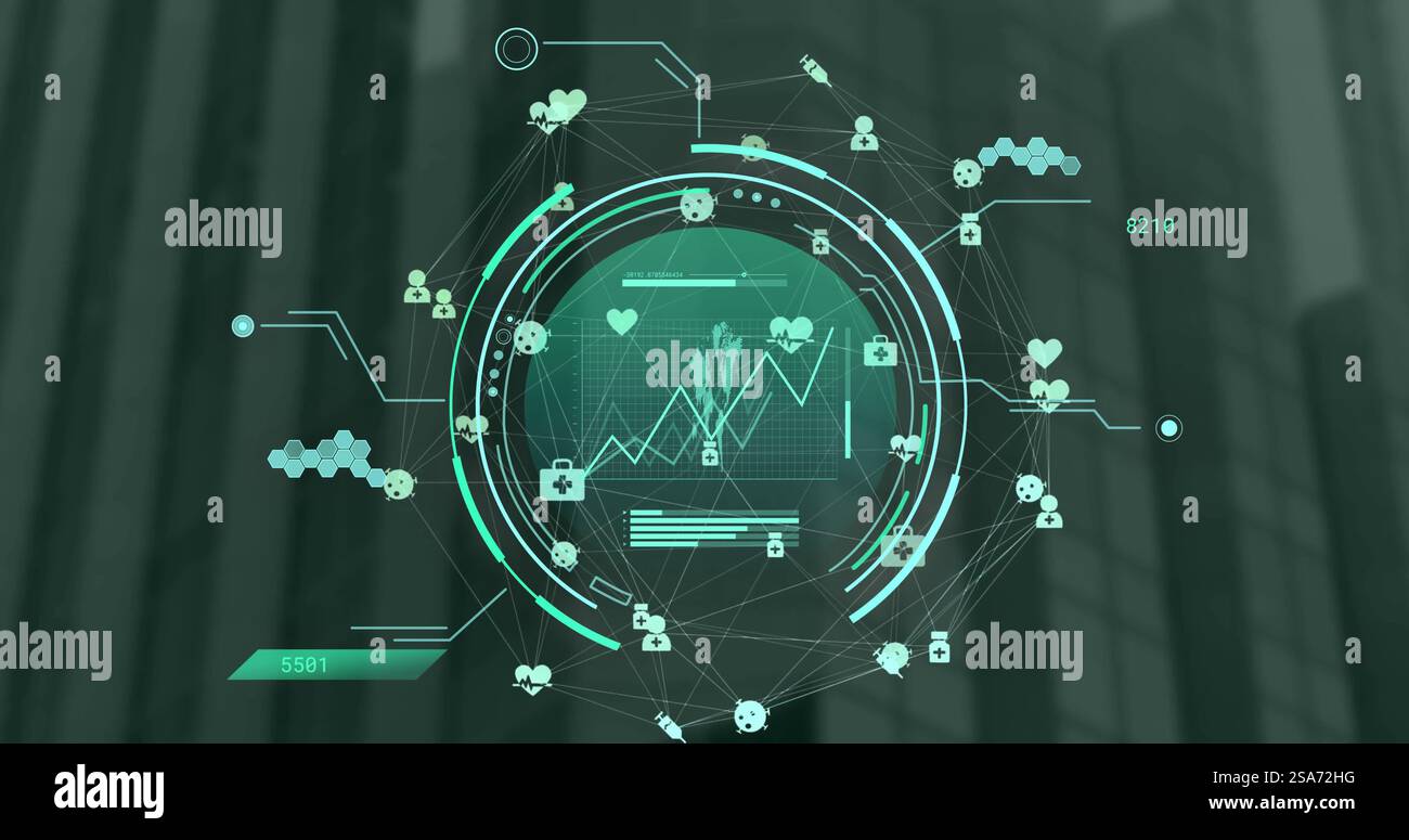 Image of circular scanner processing world map and network of medical icons on dark background ...