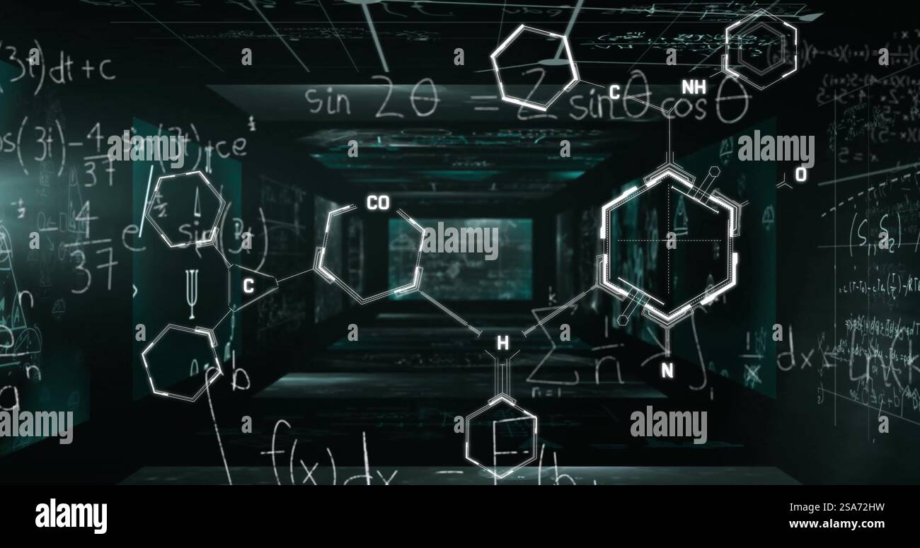 Image of element diagrams and mathematical equations over large ...