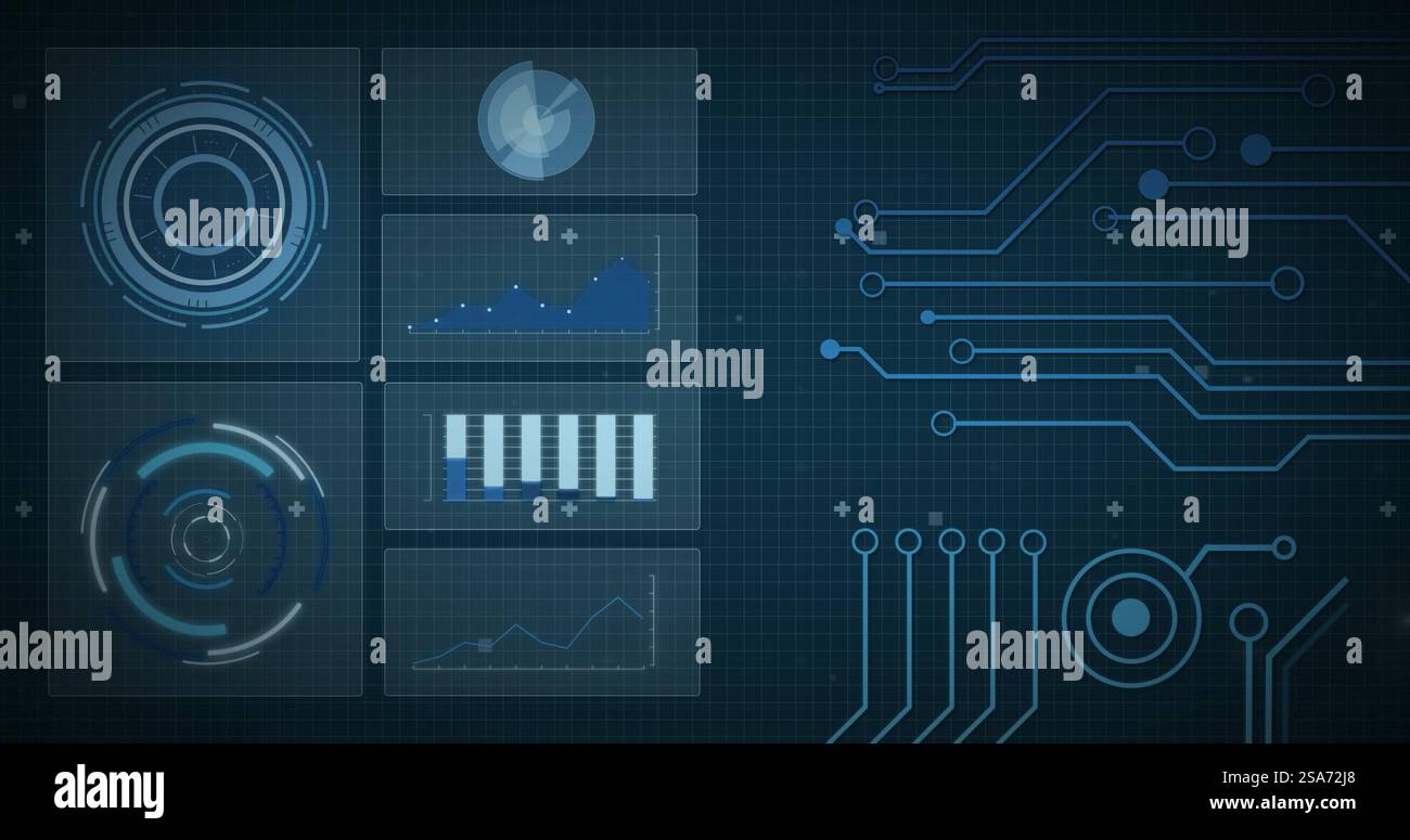 Image of scope and data processing over circuit board on screens Stock Photo - Alamy