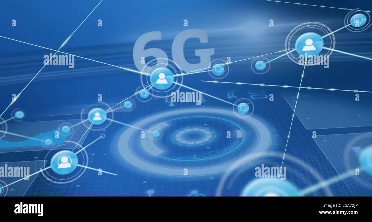 Image of 6g text, network of connections with icons over scope Stock ...