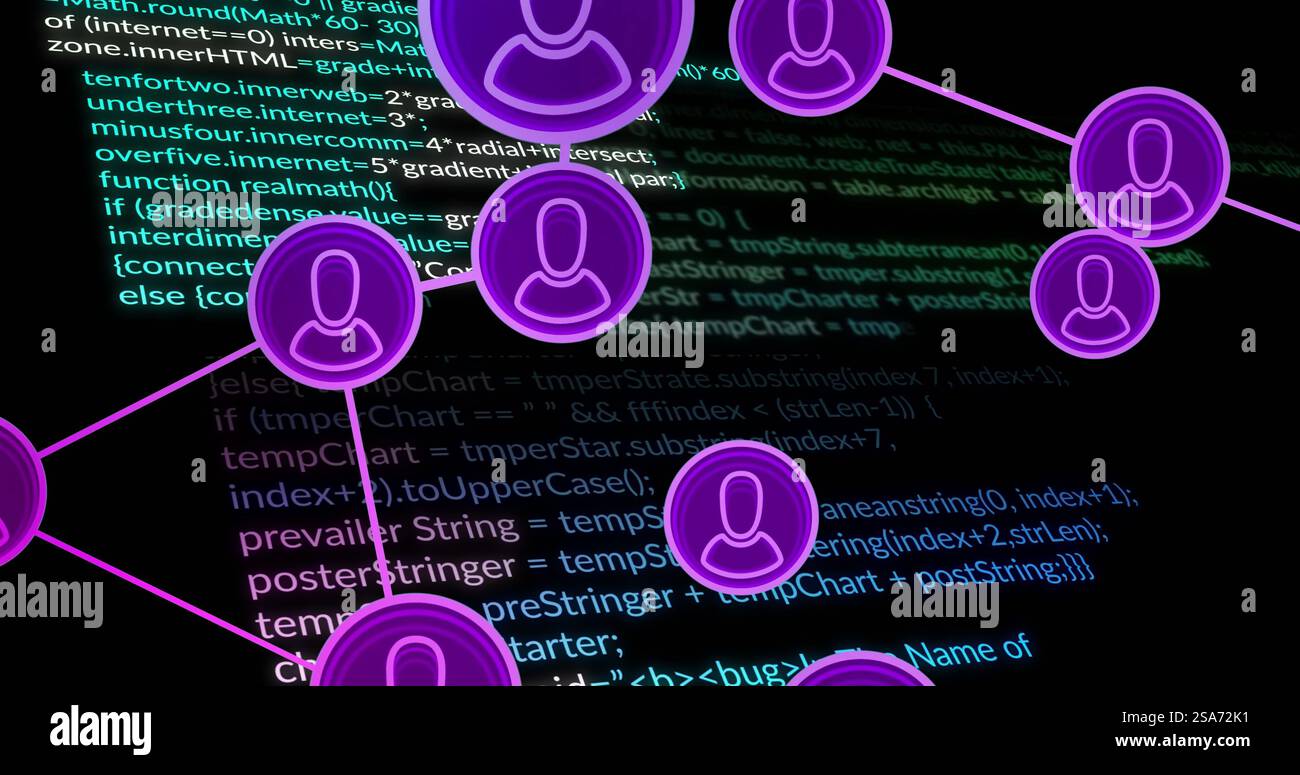 Image of data processing and connections with people icons over dark ...