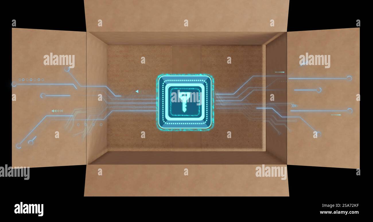 Image of data processing and key icon with circuit board over cardboard ...