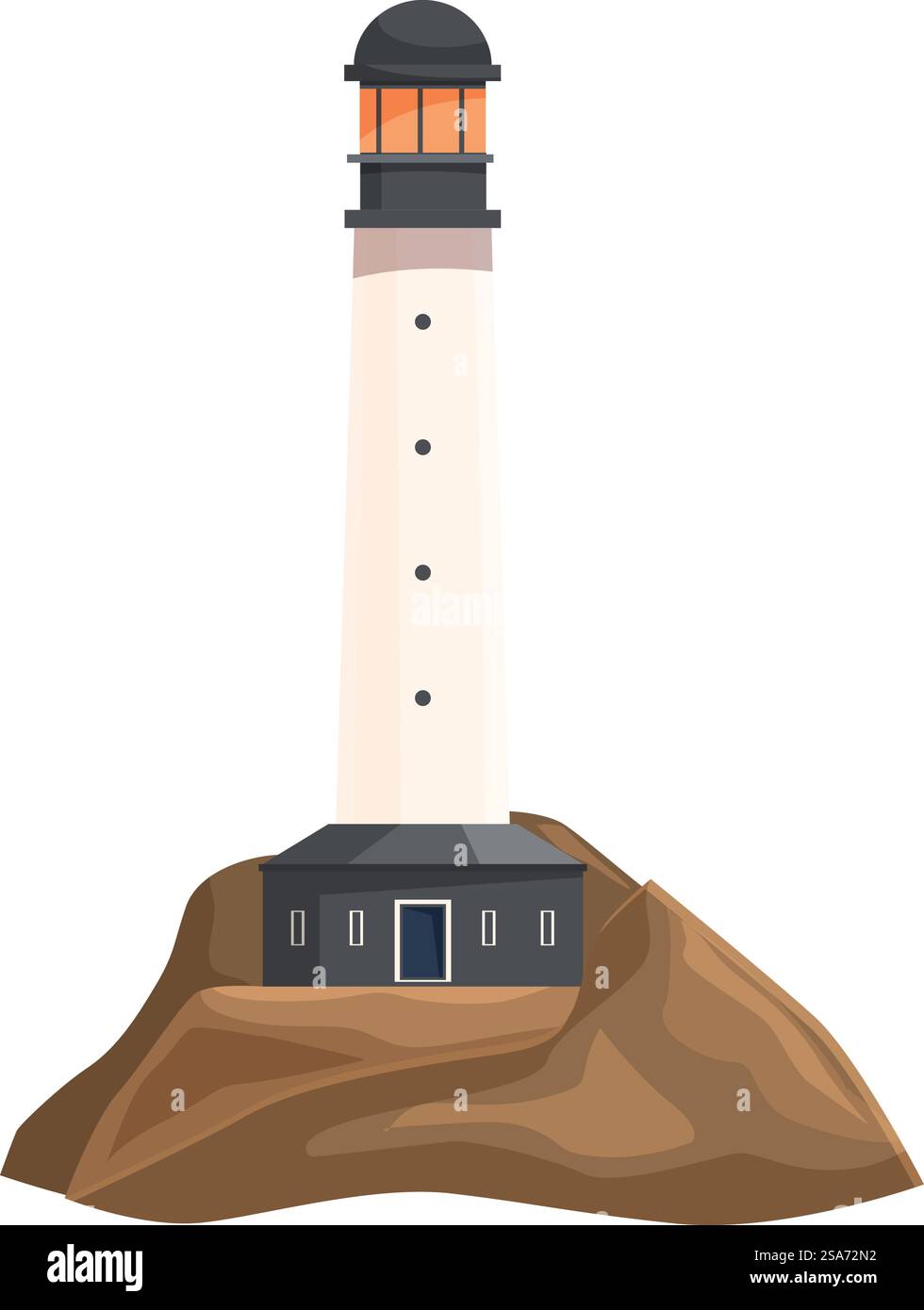 Tall white lighthouse is standing on a rocky coast, its bright light ...