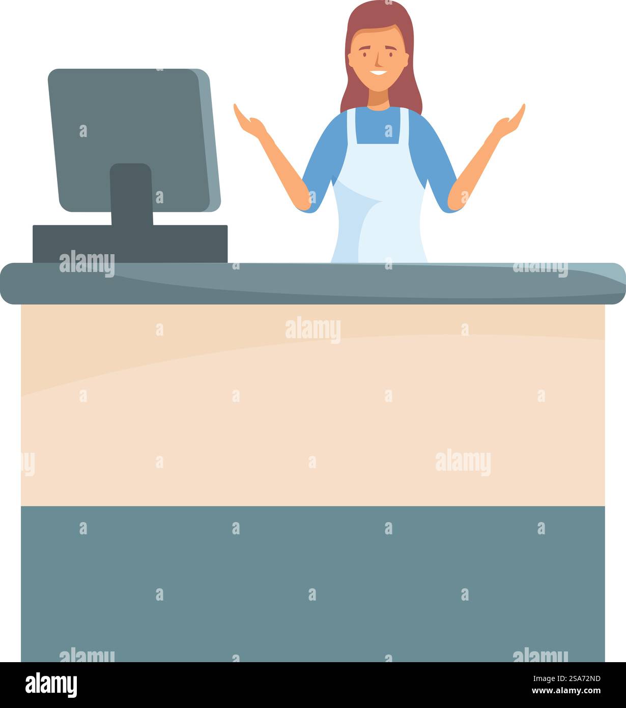 Female cashier smiling and standing behind cash register counter. Friendly cashier is welcoming ...