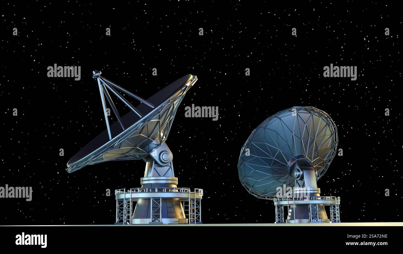 3D rendering of a parabolic satellite dish antenna, used for ...