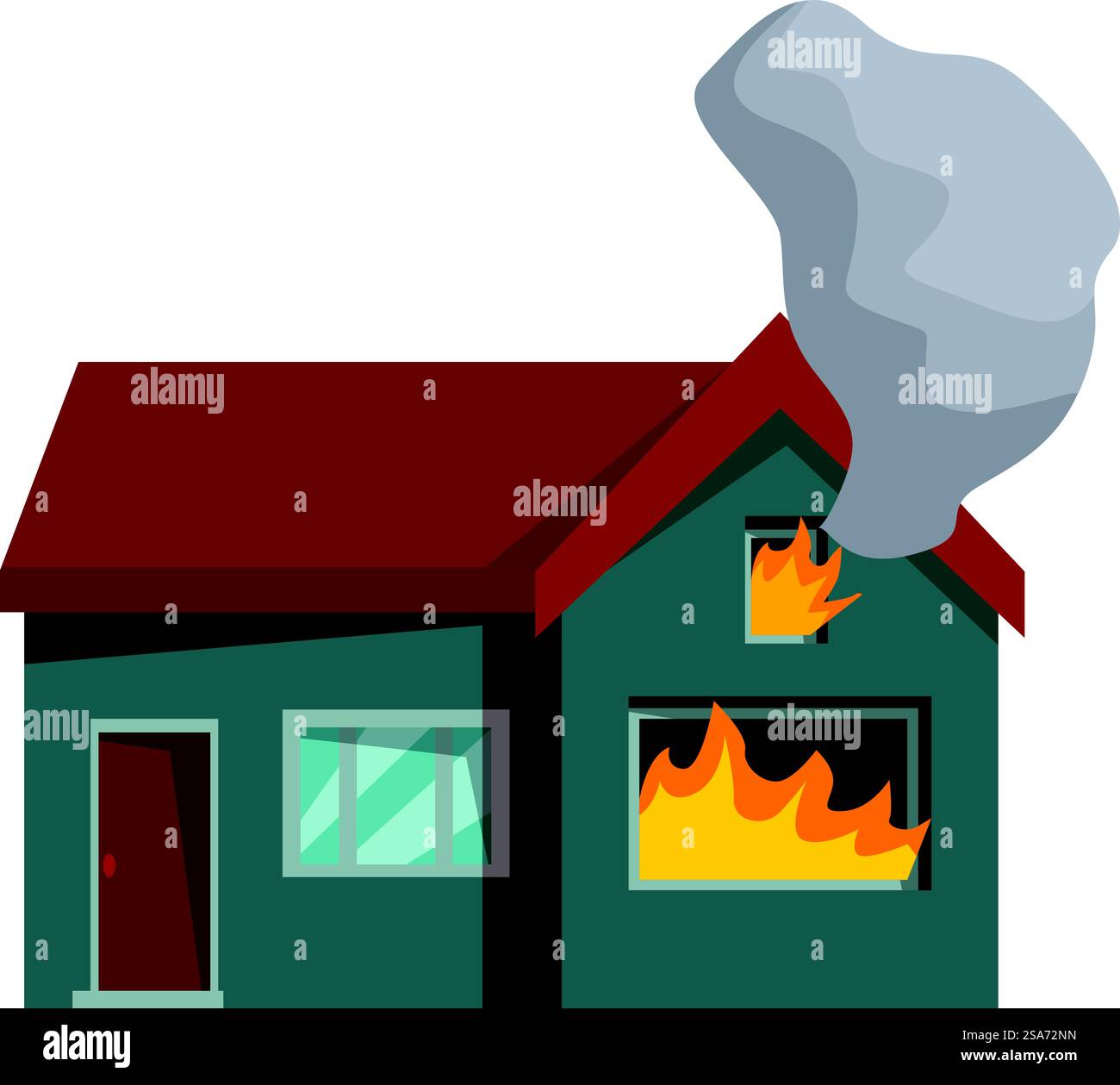 Cartoon style illustration of a house on fire with smoke coming out of ...