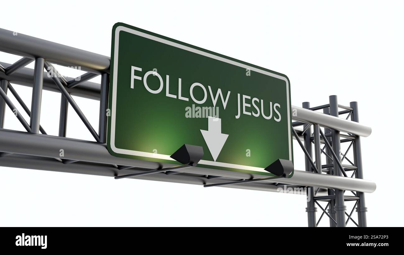 The 3D rendering shows a blue highway sign featuring 'FOLLOW JESUS' in ...