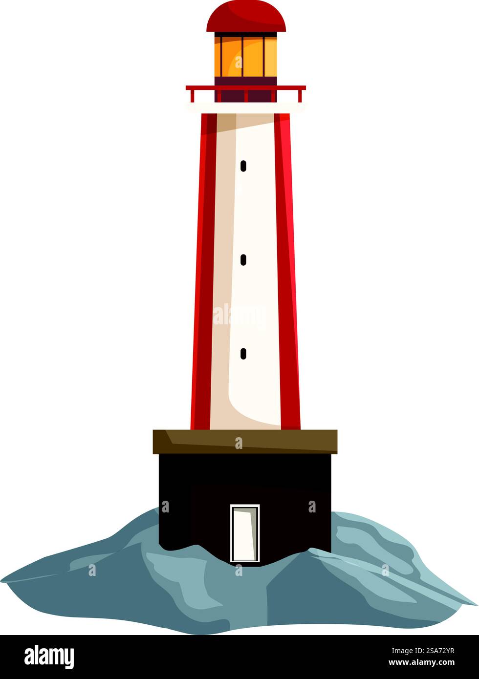 Classic red and white lighthouse is standing on a rocky coast, its ...