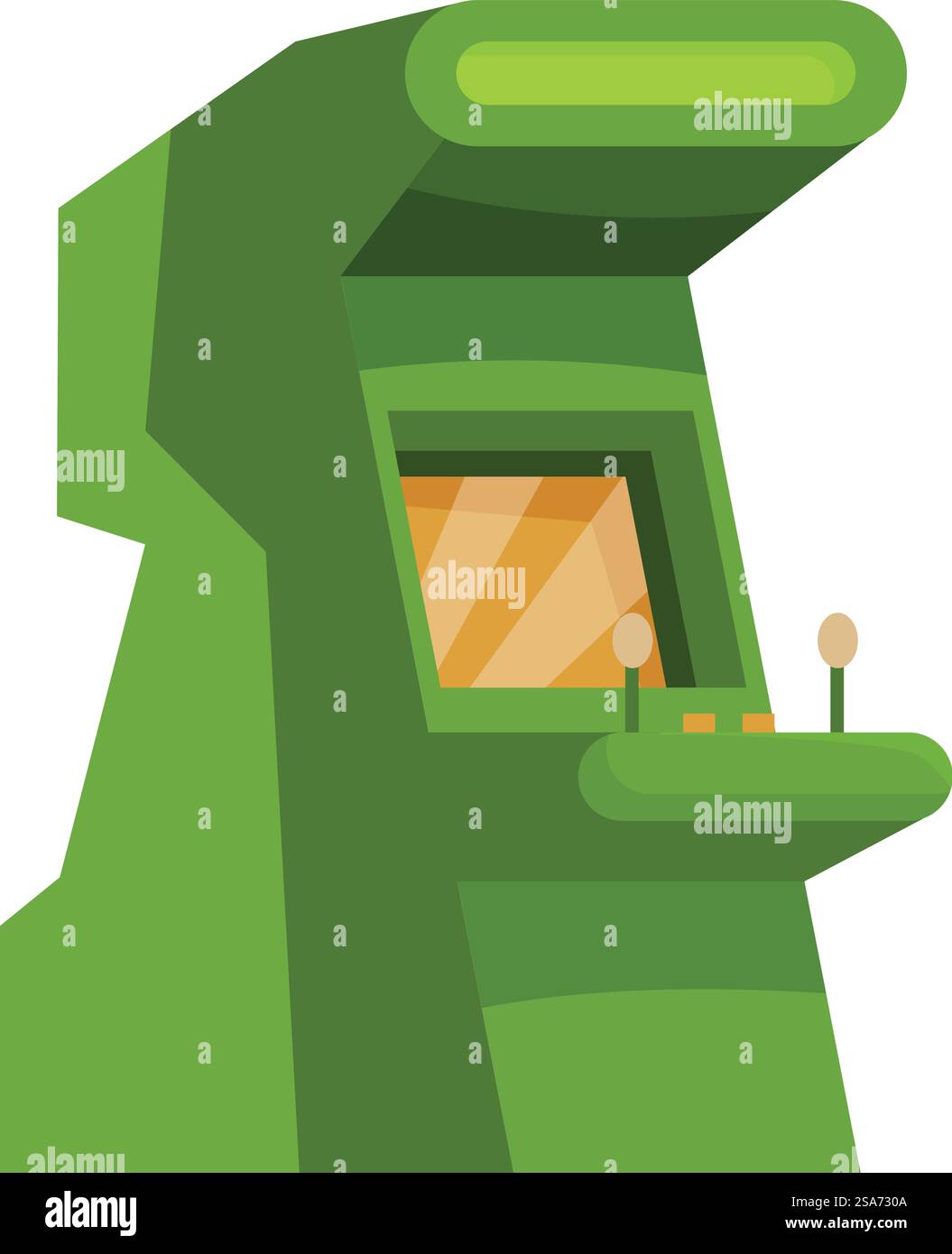 Green arcade game machine with glowing screen standing on white background. Green arcade game ...