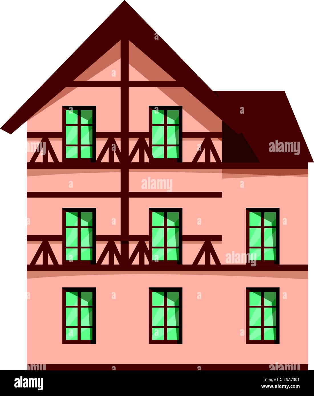 Three story house with balconies having timber framing is isolated on a ...