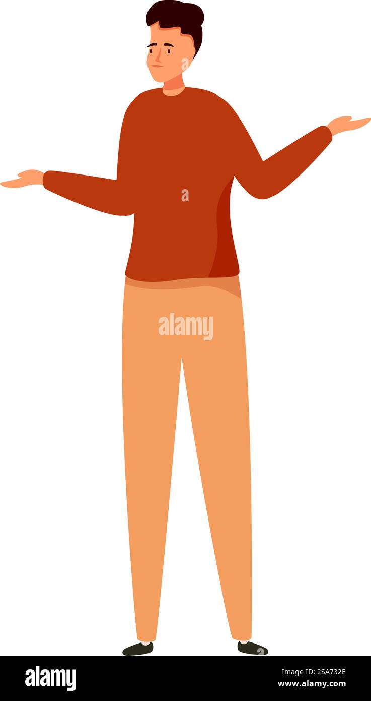 Young man is standing and comparing something invisible with his hands ...