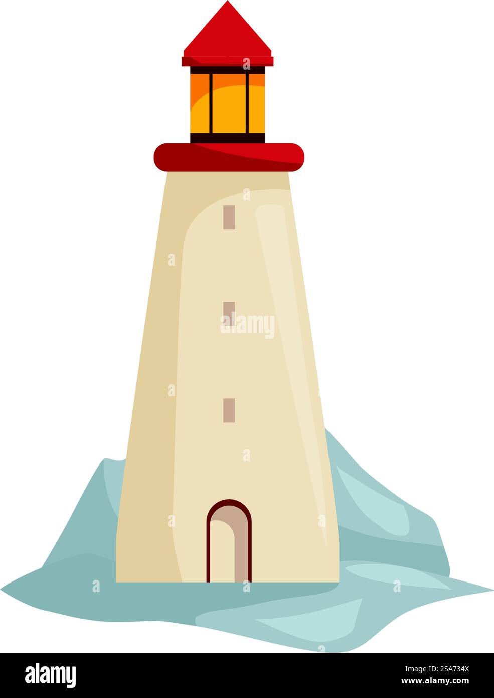 Tall lighthouse is standing on a rocky coast, its bright light guiding ...