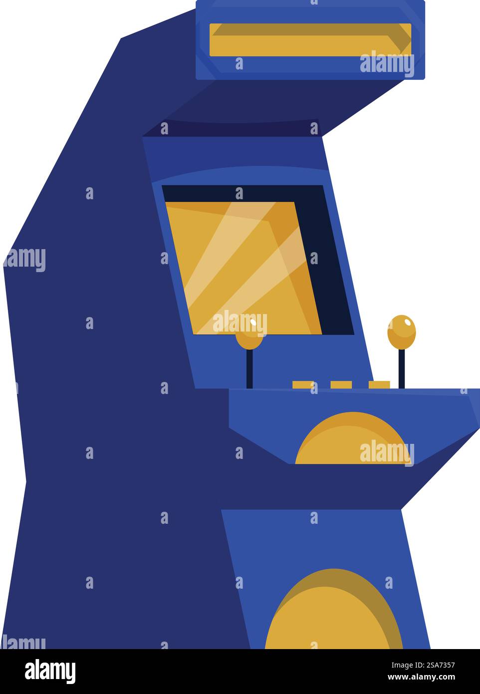 Arcade game machine standing with yellow buttons and joysticks for playing video game. Blue ...