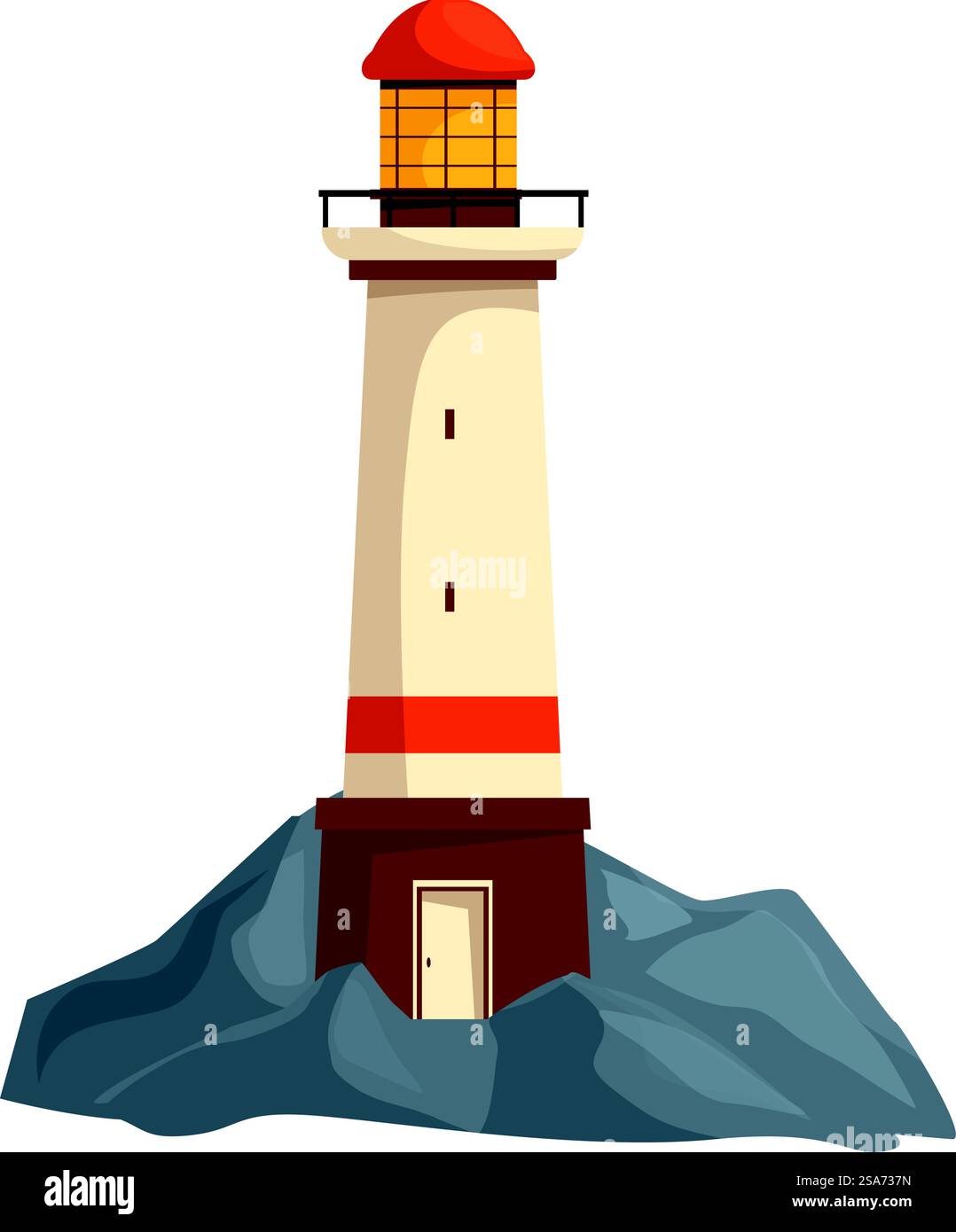 Cartoon style illustration of a tall lighthouse standing on a rocky ...