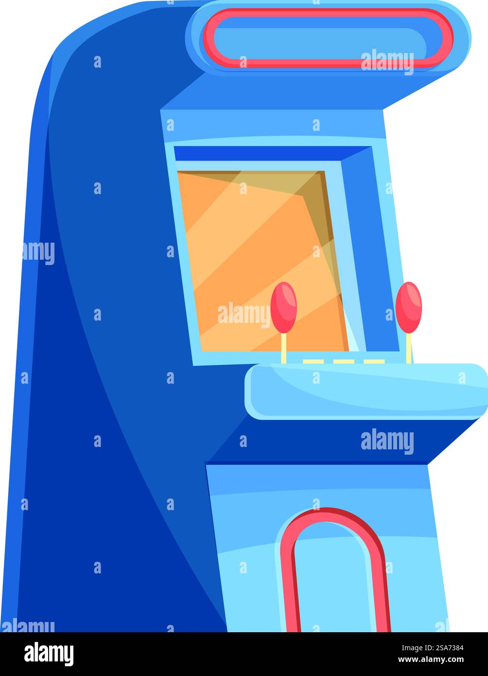 Blue arcade game machine with joysticks and screen standing on white background. Blue arcade ...