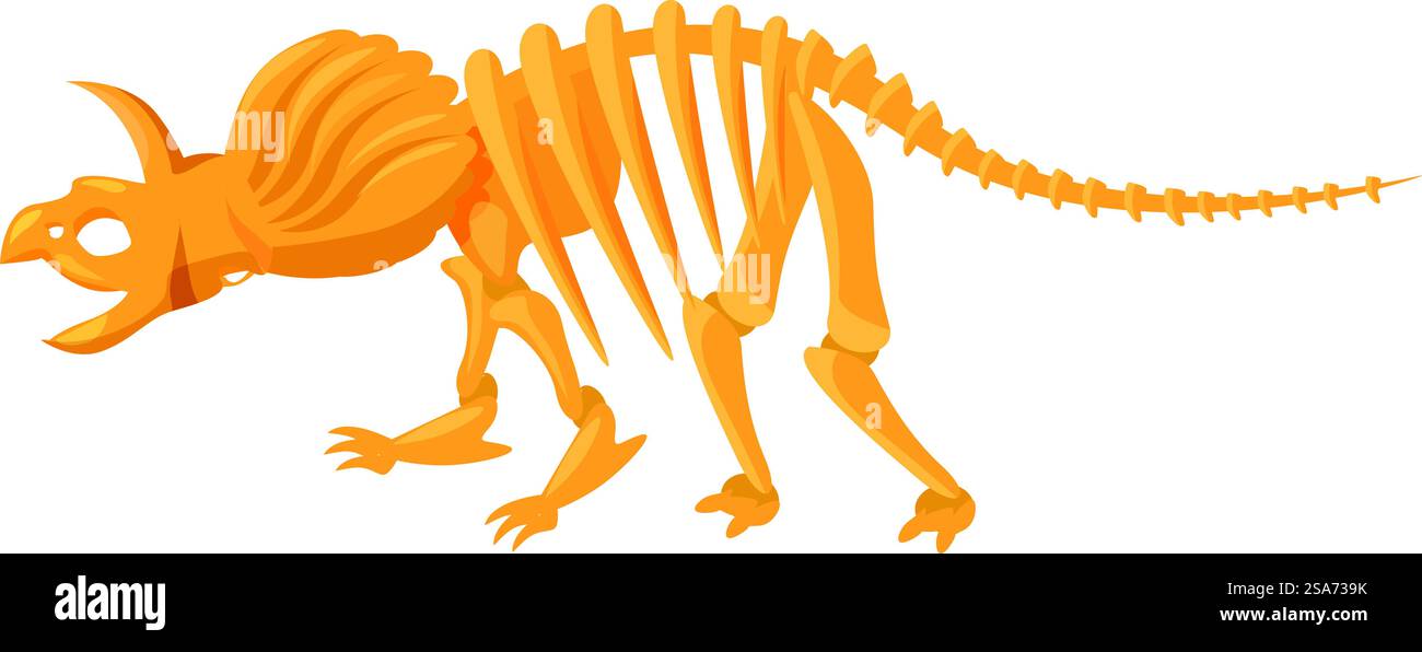 Golden triceratops fossil skeleton standing on four legs in side view ...