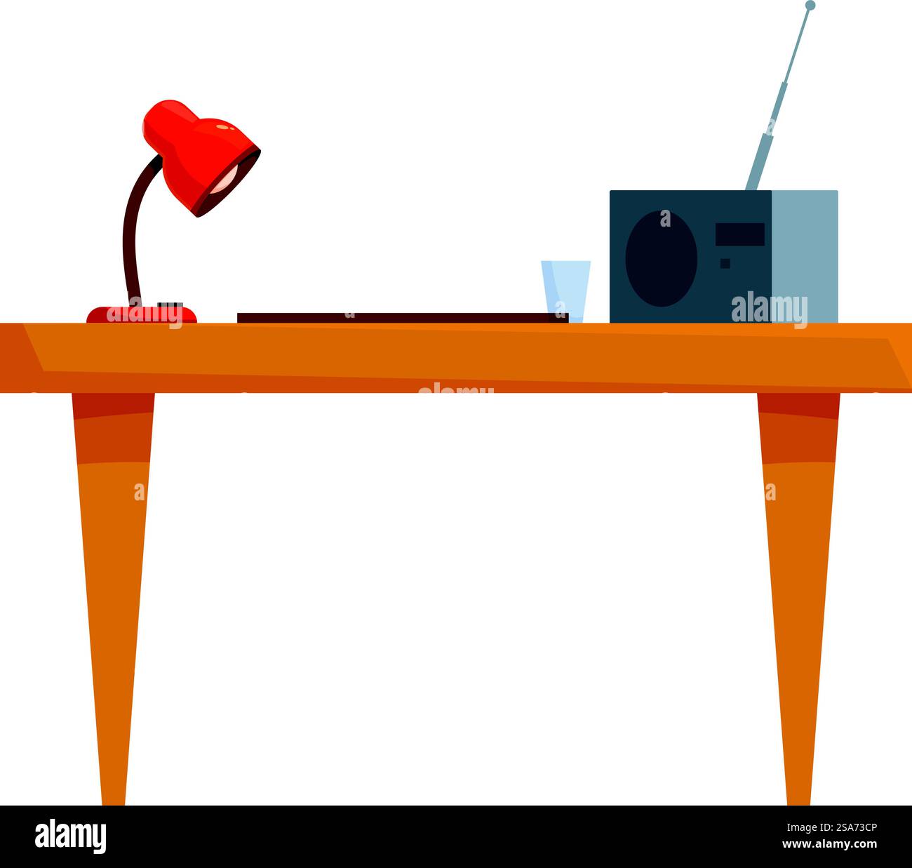 Empty wooden table with red desk lamp and radio receiver on top, a ...