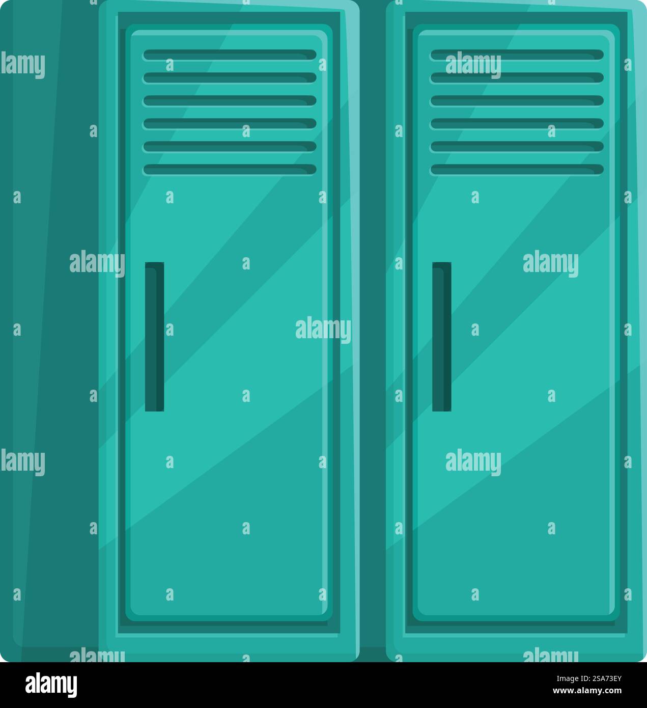 Two green metal school lockers closed with handles for storing student ...