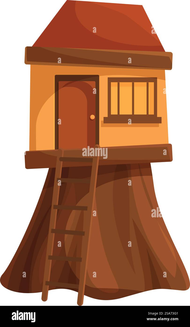 Cartoon illustration of a small wooden house standing on a tall stump ...