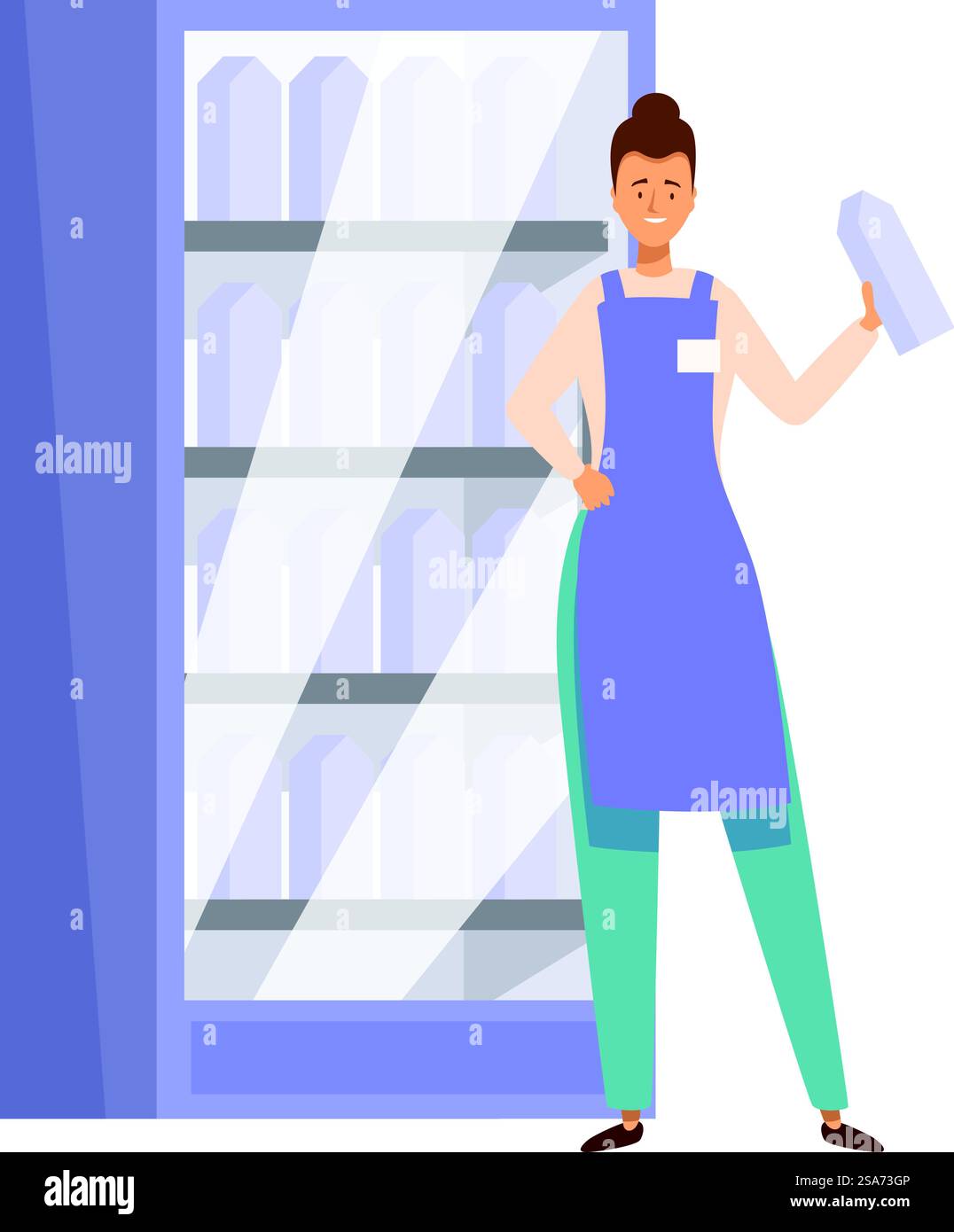 Smiling supermarket employee presenting milk carton hi-res stock ...