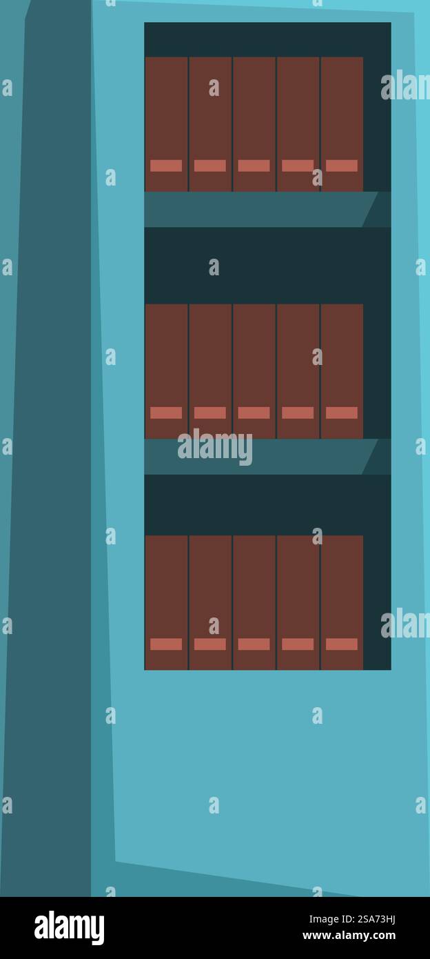 Illustration featuring a blue library bookshelf standing with folders ...