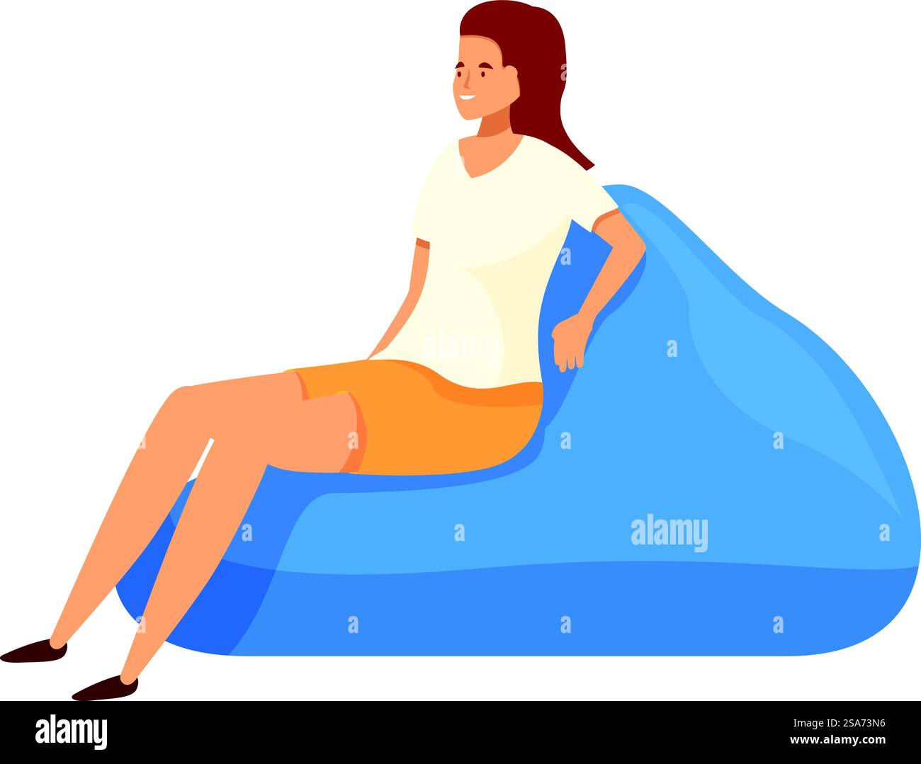 Young woman is taking a break from work, enjoying the comfort of a bean ...