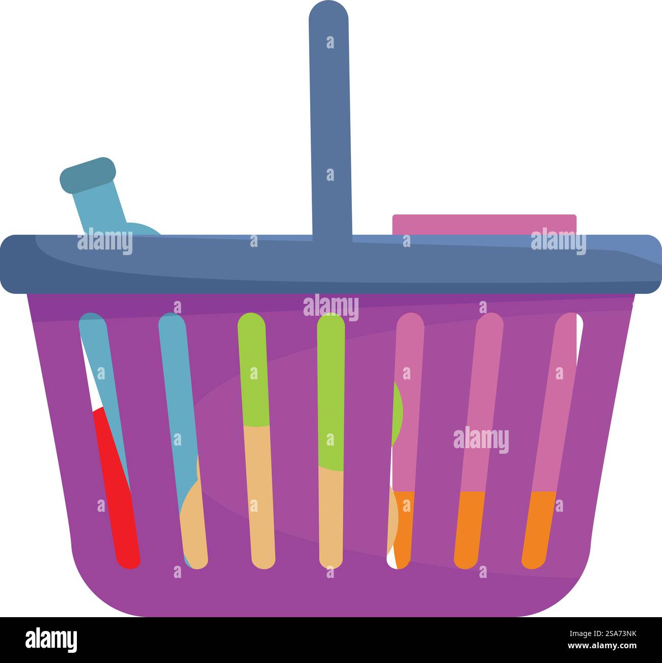 Purple shopping basket with a handle, holding various groceries ...
