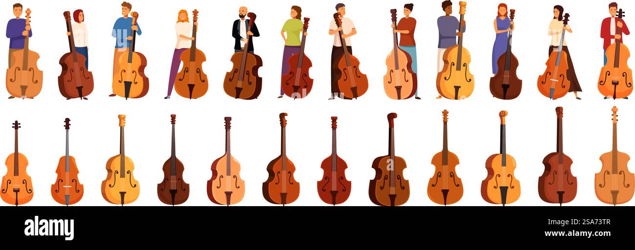Contrabass icons set. Musicians and various acoustic bass instruments ...