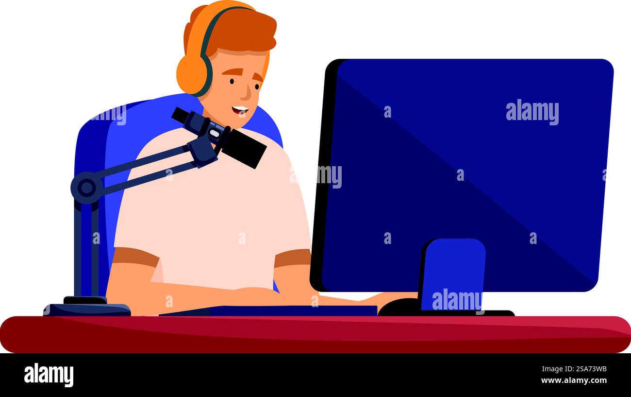 Radio host is using a studio microphone and headphones, talking while ...