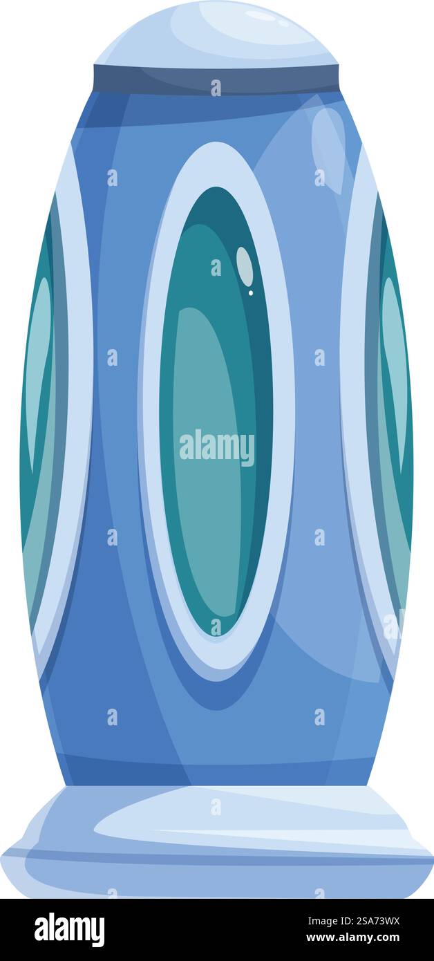 Futuristic blue spaceship with round windows is standing on a launchpad ...
