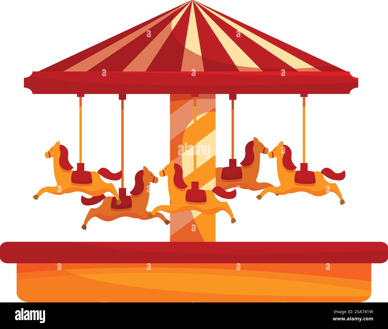 Merry go round with horses is spinning at an amusement park. Colorful ...