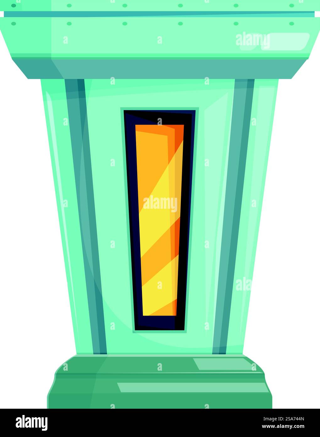 Cartoon style turquoise concrete tribune with yellow window glowing ...