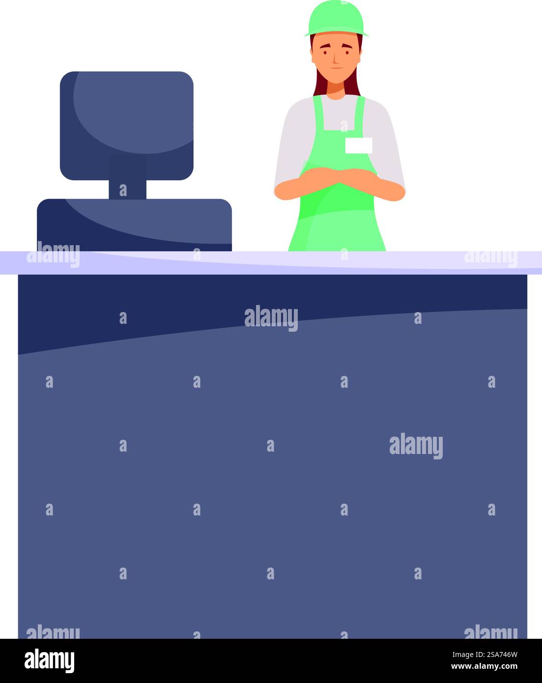 Young cashier woman is standing behind a checkout counter in a ...