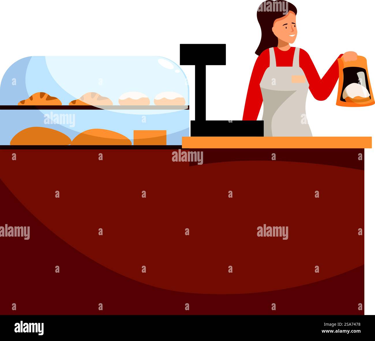 Friendly bakery employee is bagging a pastry order for a customer ...