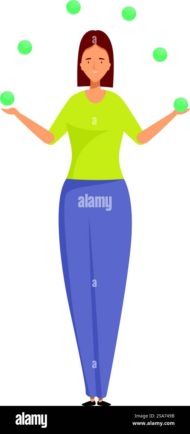 Young woman is juggling green balls, demonstrating balance ...