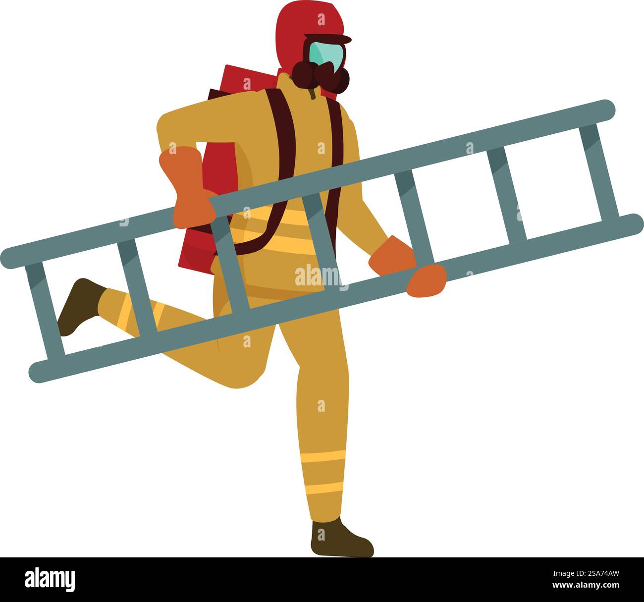 Fireman wearing a gas mask and carrying a ladder while running. Fireman ...