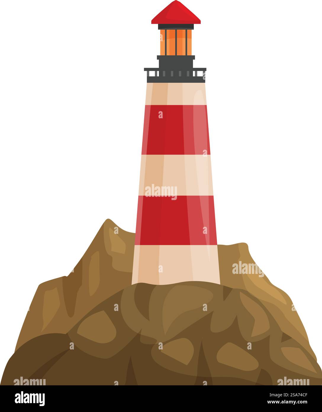 Classic red and white lighthouse is standing on a rocky coastline ...