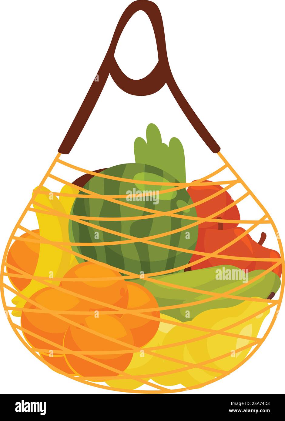 String bag full of various healthy fruits and vegetables, promoting ...