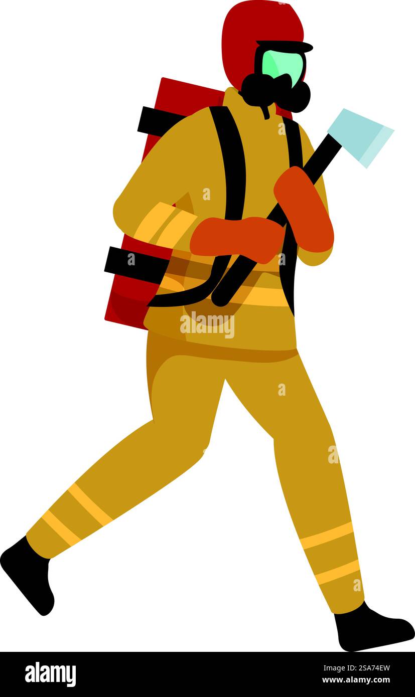 Firefighter running with an axe and wearing an oxygen mask. Fireman ...