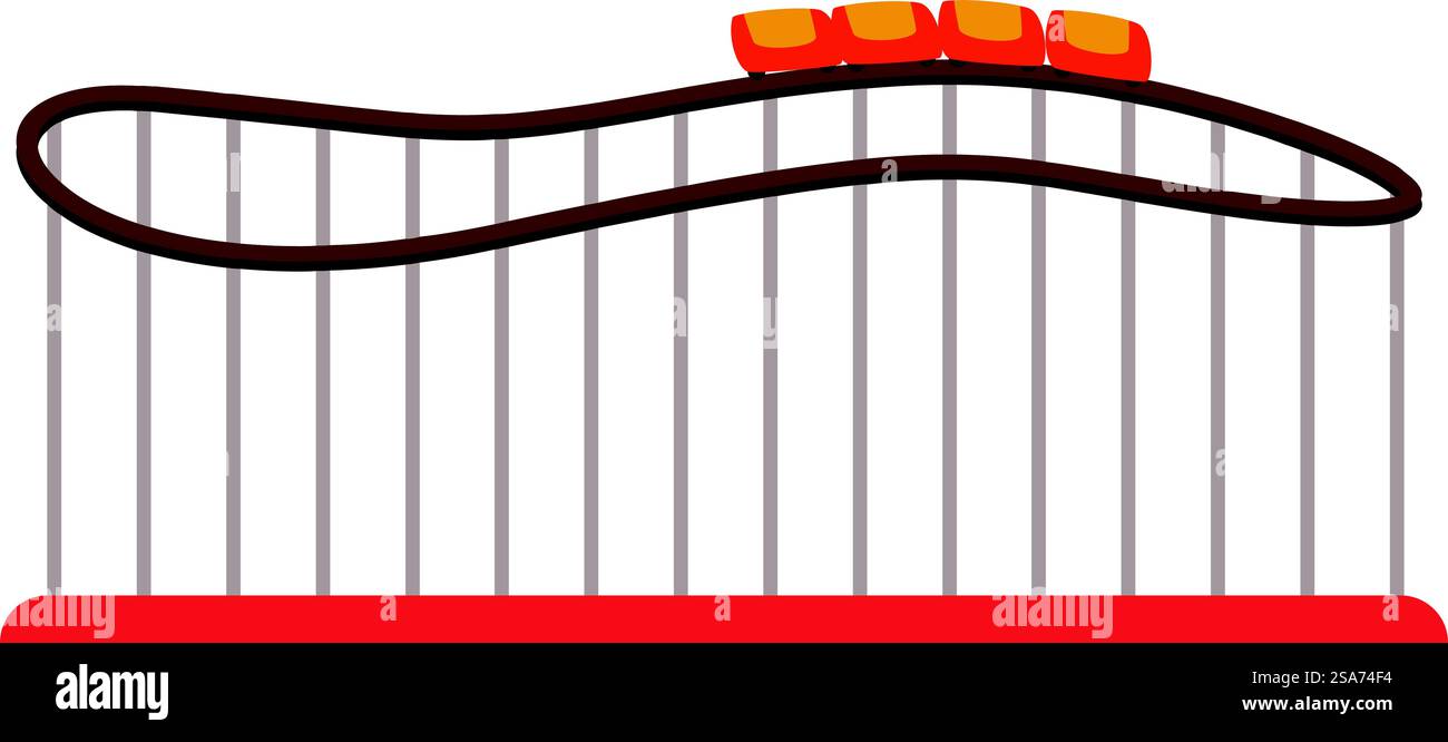 Roller coaster with four cars going up on a curve in an amusement park ...