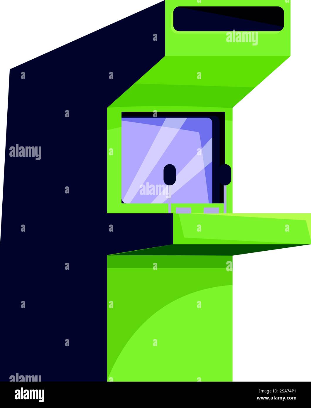 Green arcade game machine with joysticks and screen standing ready for gaming. Green arcade game ...