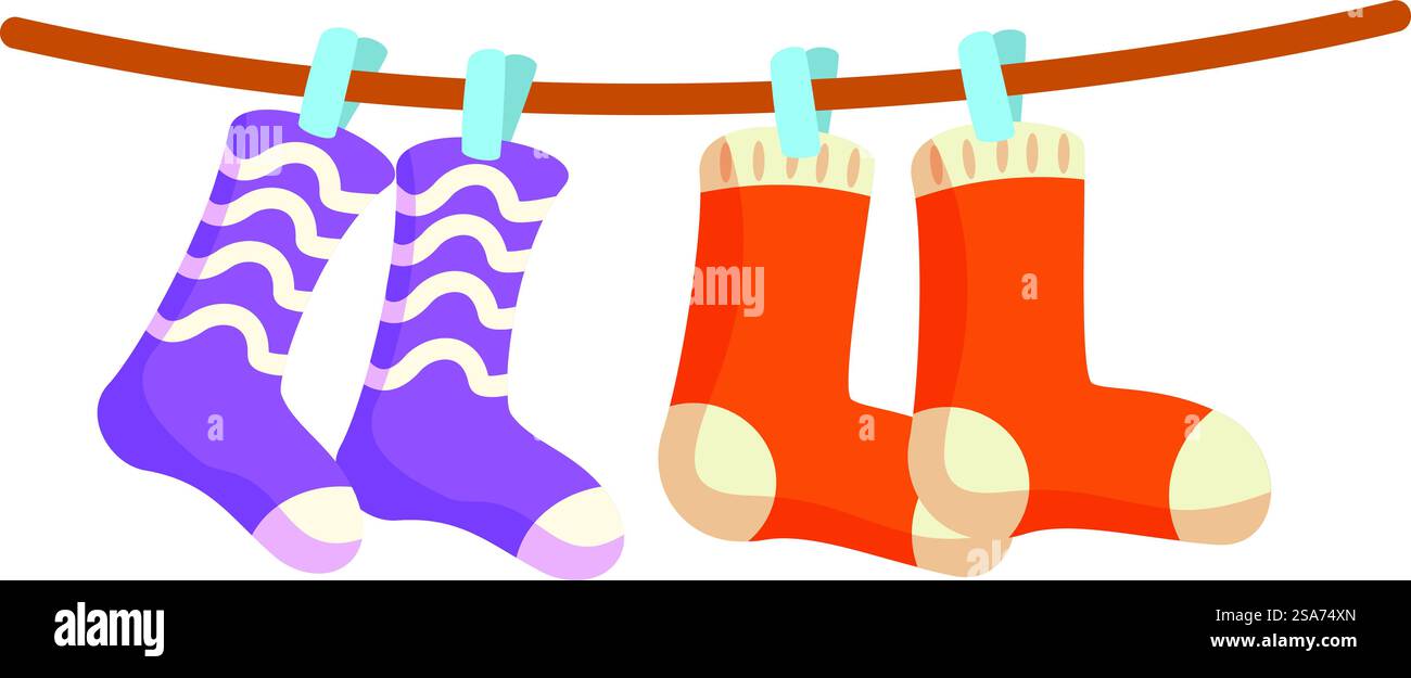 Four colorful socks hanging on clothesline drying after laundry ...
