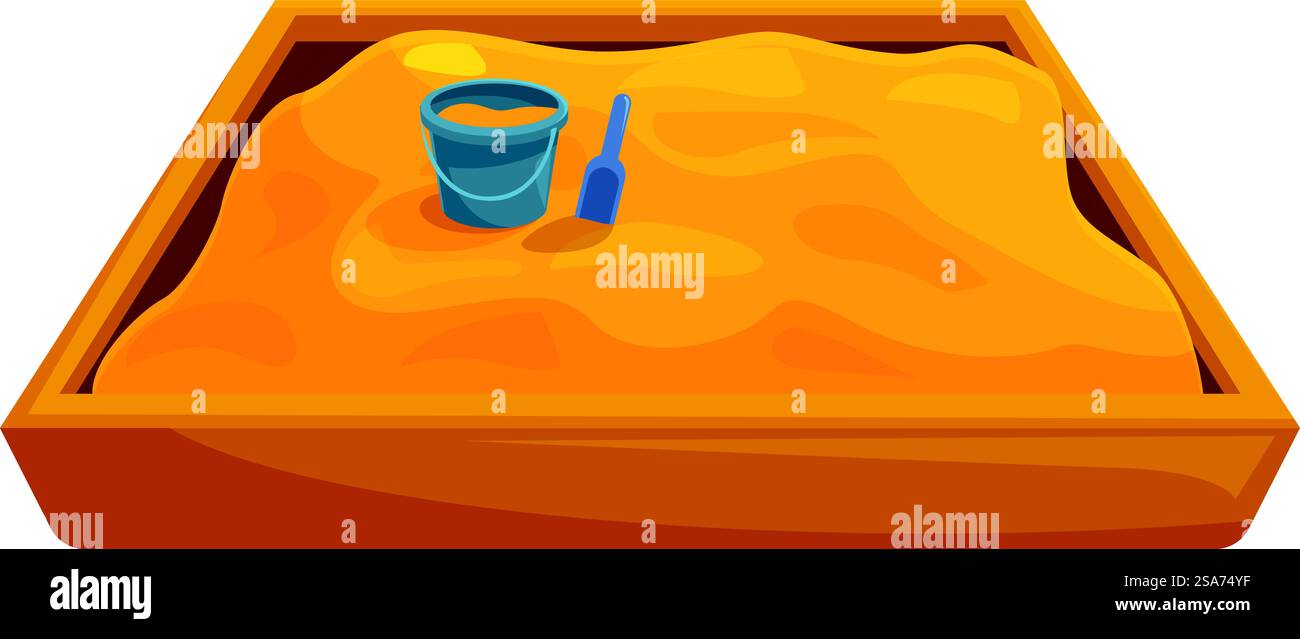 Wooden sandbox full of sand with blue plastic bucket and shovel for ...