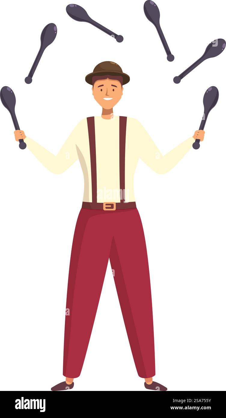 Smiling circus artist is juggling with several clubs, showing his ...