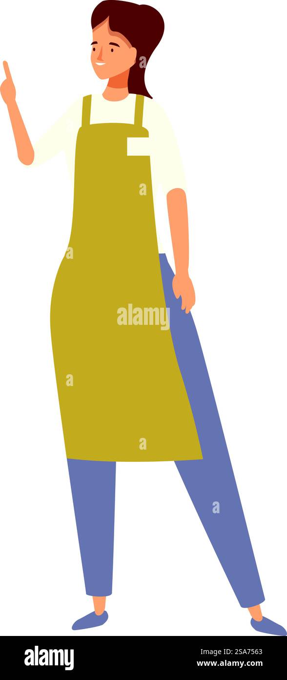 Smiling young female shop assistant wearing apron pointing with index ...