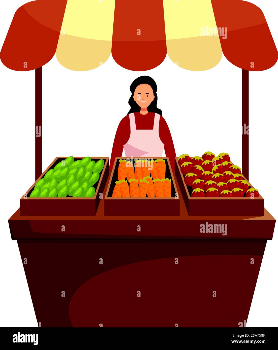 Young woman working as a greengrocer is selling fresh produce at a ...